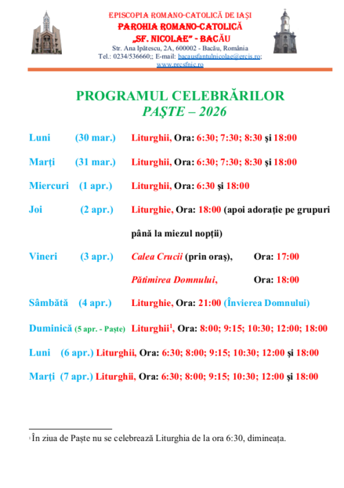 Programul celebrarilor de Paste 2026